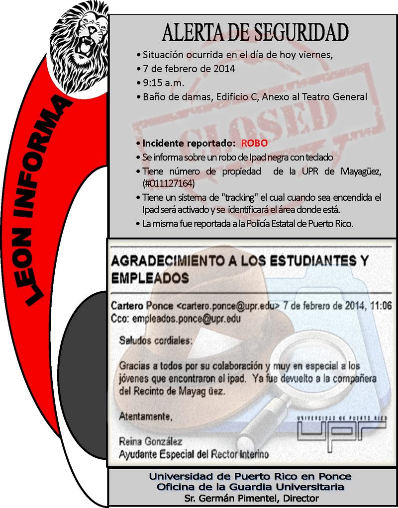 ALERTA DE SEGURIDAD.LEON INFORMA.robo-FEB. 2014 – Universidad de Puerto ...